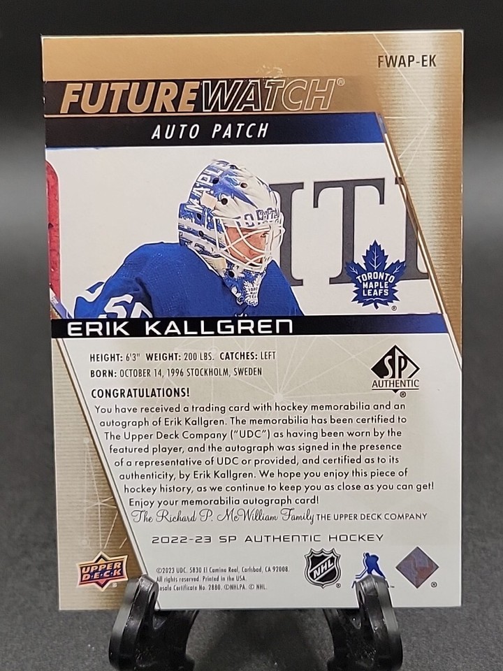 2022-23 SP Authentic Erik Kallgren Future Watch Patch Auto #FWAP-EK 90/ ...