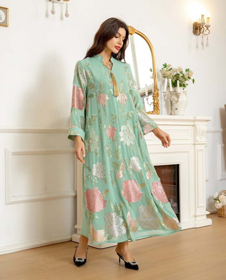 Muslim Women Abaya Embroidery Kaftan Sequin Maxi Dress Party Turkey ...