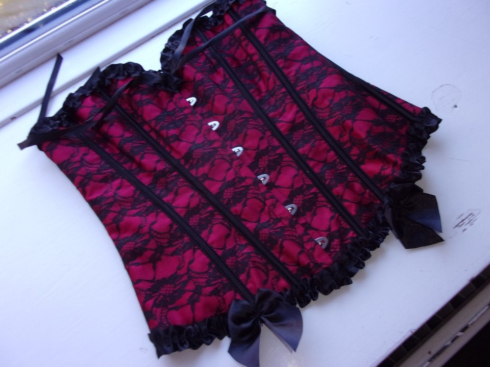 LADIES SEXY NEW Red & Black Shaper Basque Corset & G-String Size S RRP ...