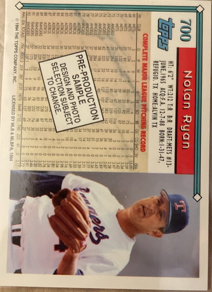 Rare 1994 Topps Nolan Ryan #700 Pre-Production Sample | eBay