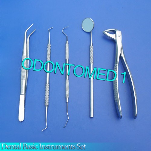 5 Dental Basic Instruments Set Mirror, Plier, Explorer, Extracting ...