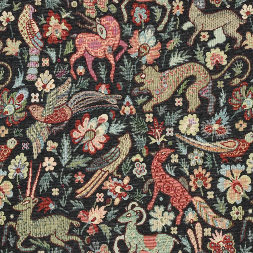 Tudor Forest Tapestry Fabric Black Weave Vintage Jacquard Upholstery ...