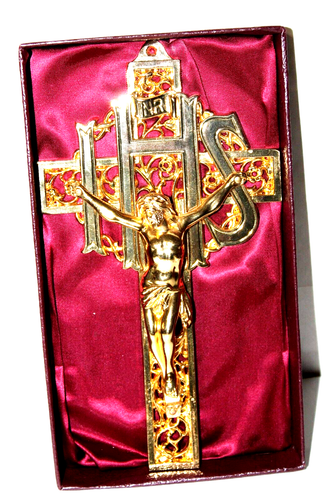 VINTAGE GOLD TONE METAL IHS HANGING CRUCIFIX CATHOLIC ICON RELIC | eBay