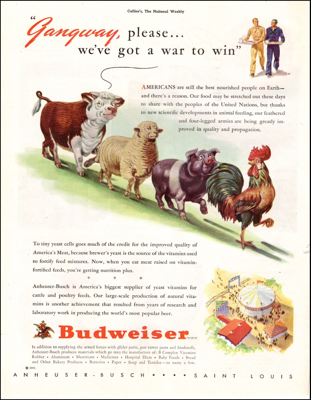 1943 WW2 era beverage AD for BUDWEISER BEER & Vitamins for Farm Animals ...