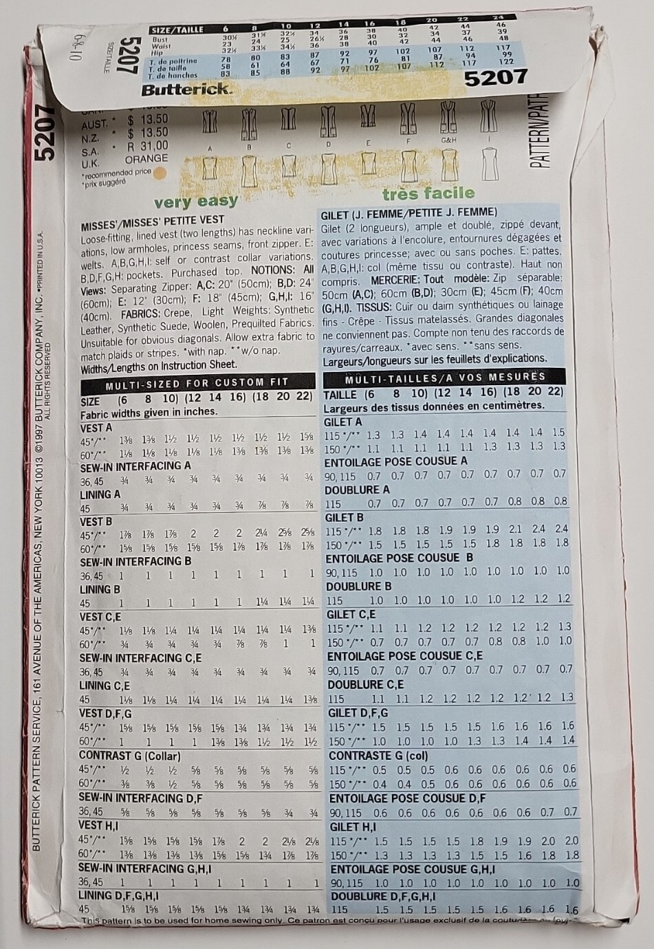 Butterick 5207 Sewing Pattern Fast & Easy Misses Petite Vest Size 6 8 ...