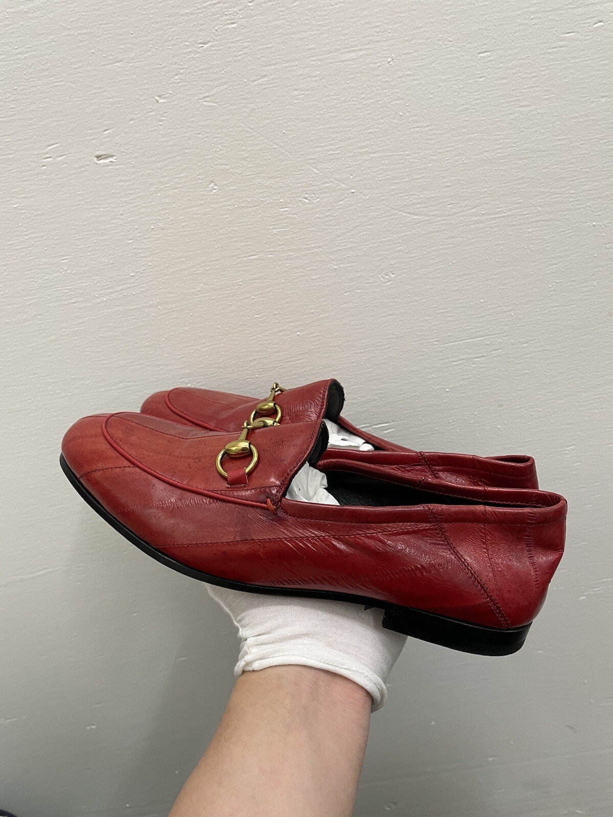 Gucci Mens Horsebit Red Leather Loafers Shoes Size EU… - Gem