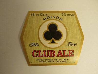 Molson Club Ale Canadian Beer Label Molson Brewery Ontario Vintage NOS ...