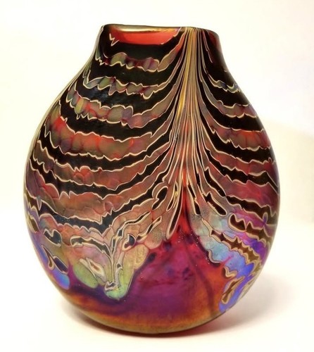 Vintage Jon Bush Round Iridescent Art Glass Oval Shaped Vase, 8" 1997 ...