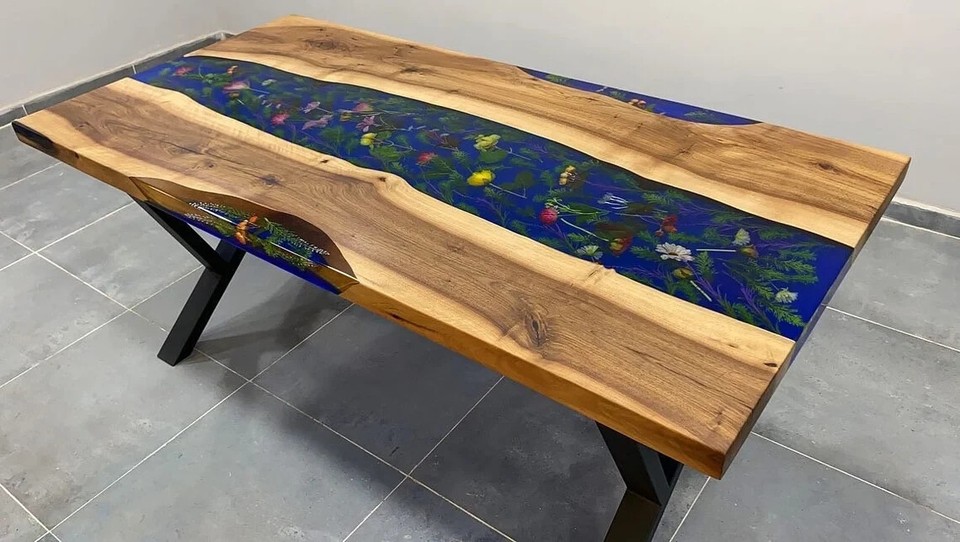 Flowers Walnut Blue Epoxy Resin Table/epoxy computer desk/epoxy coffee ...