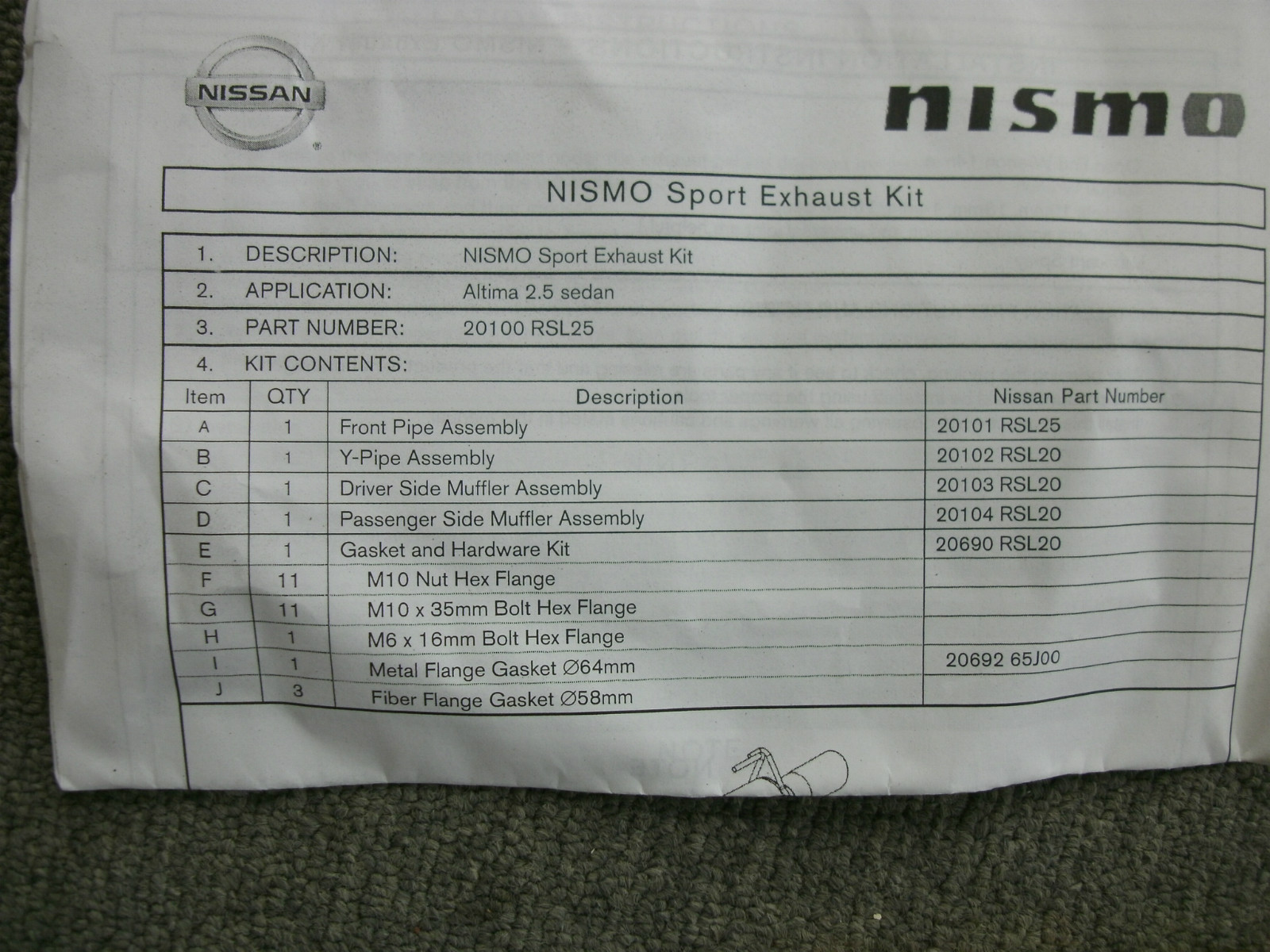 20690-RSL20 Gasket & Hardware Kit for Nissan Altima 2.5L Nismo Sport ...