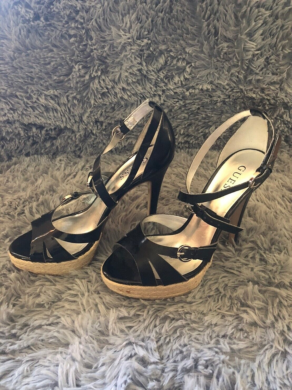 GUESS GWKendral Black Patent Strappy Heels Sandals Si… - Gem