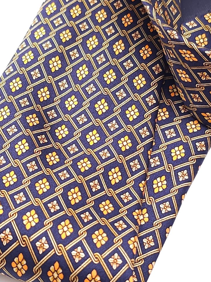 Paco Rabanne Mens Silk Tie Geometric Floral Pattern Navy & Gold Made In ...