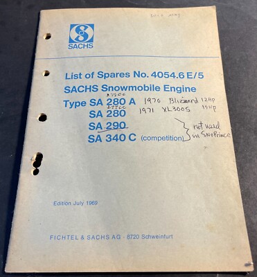 1970 SACHS SNOWMOBILE ENGINES REPAIR #4054.6 E/5 280/290/340 MANUAL ...