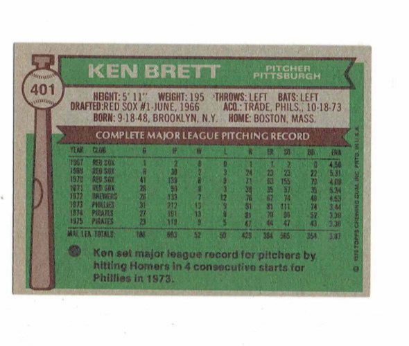 Ken Brett Pittsburgh Pirates P #401 Topps 1976 #Baseball Card | eBay