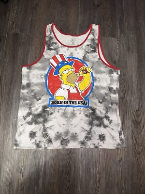 Homer Simpson Tank Top White / Gray Tie Dye Born In The USA Men's Size ...