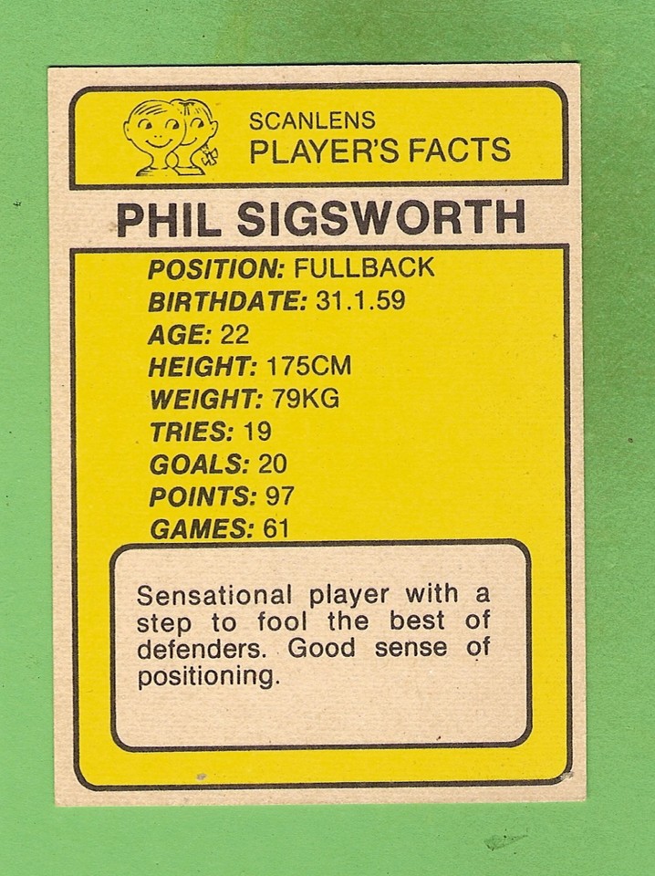 1981 NEWTOWN JETS SCANLENS RUGBY LEAGUE CARD #113 PHIL SIGSWORTH | eBay
