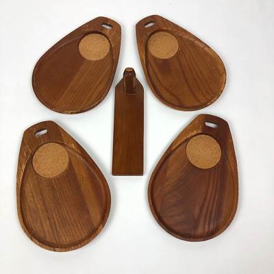 VTG Set of 4 Wood & Cork Snack Trays Teardrop Shape Hangable Novelty ...
