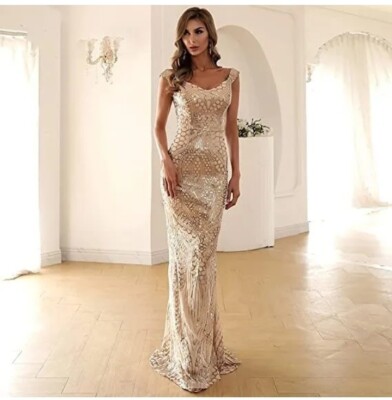 Lin Lin Q Women's Maxi Formal Off Shoulder Sequin Dress, Backless ...