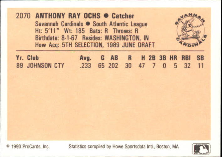 1990 Savannah Cardinals ProCards #2070 Tony Ochs | eBay