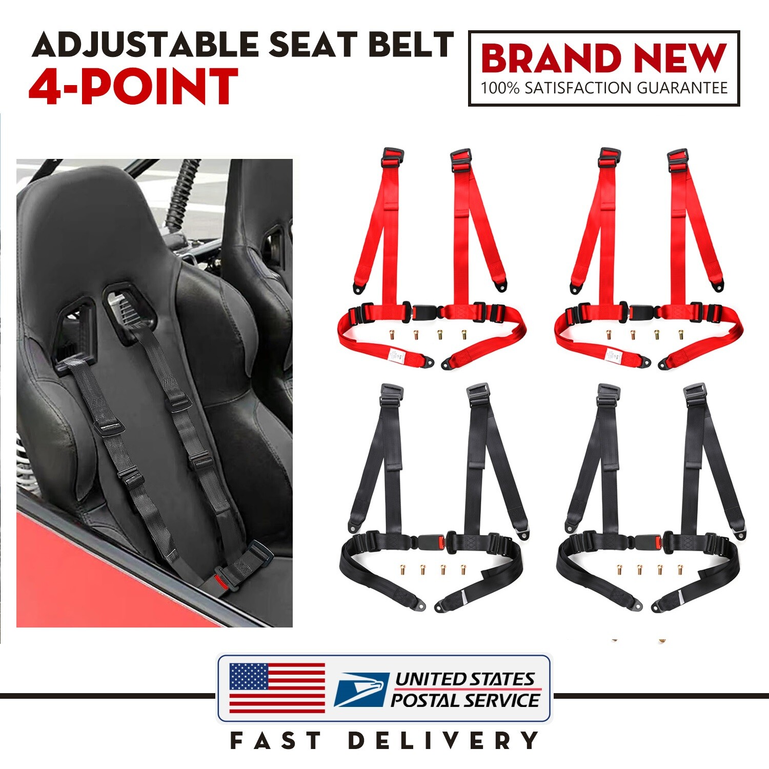 UNIVERSAL BLACK/RED 4 POINT BUCKLE RACING SEAT BELT Latch&Link Safety ...