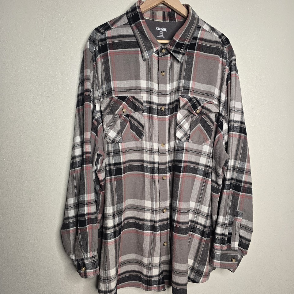 King Size Men's 3XL Tall Plaid Gray Long Sleeve Flannel Shirt | eBay