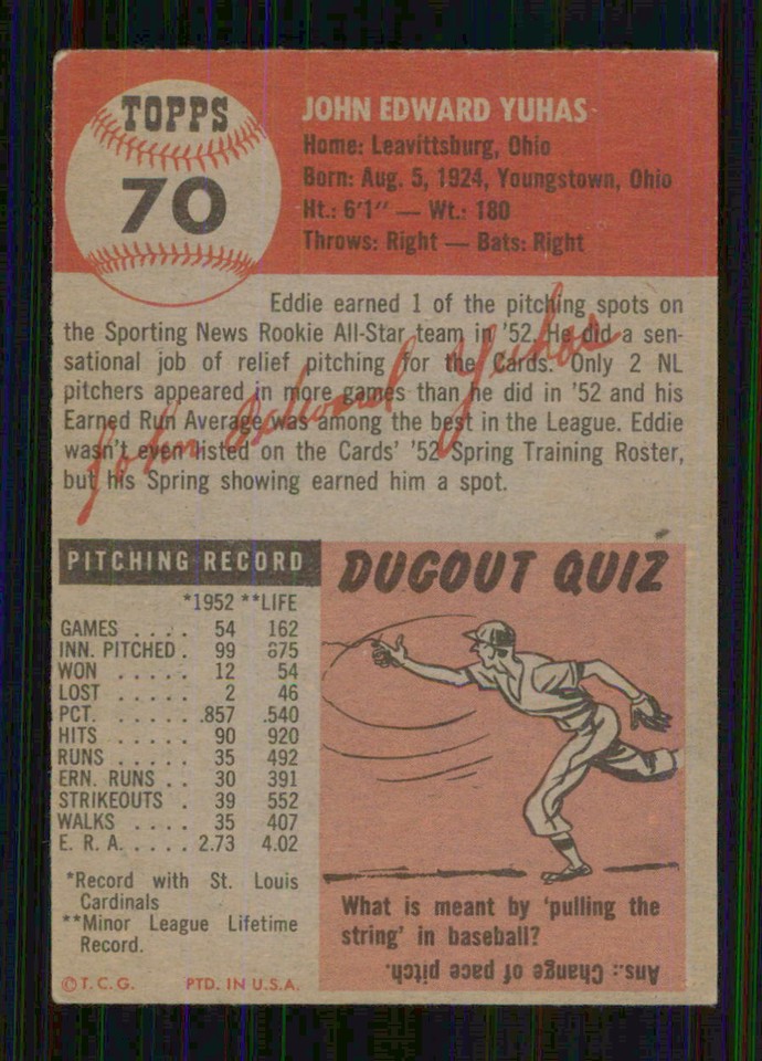1953 TOPPS # 70 ED YUHAS 18503 | eBay