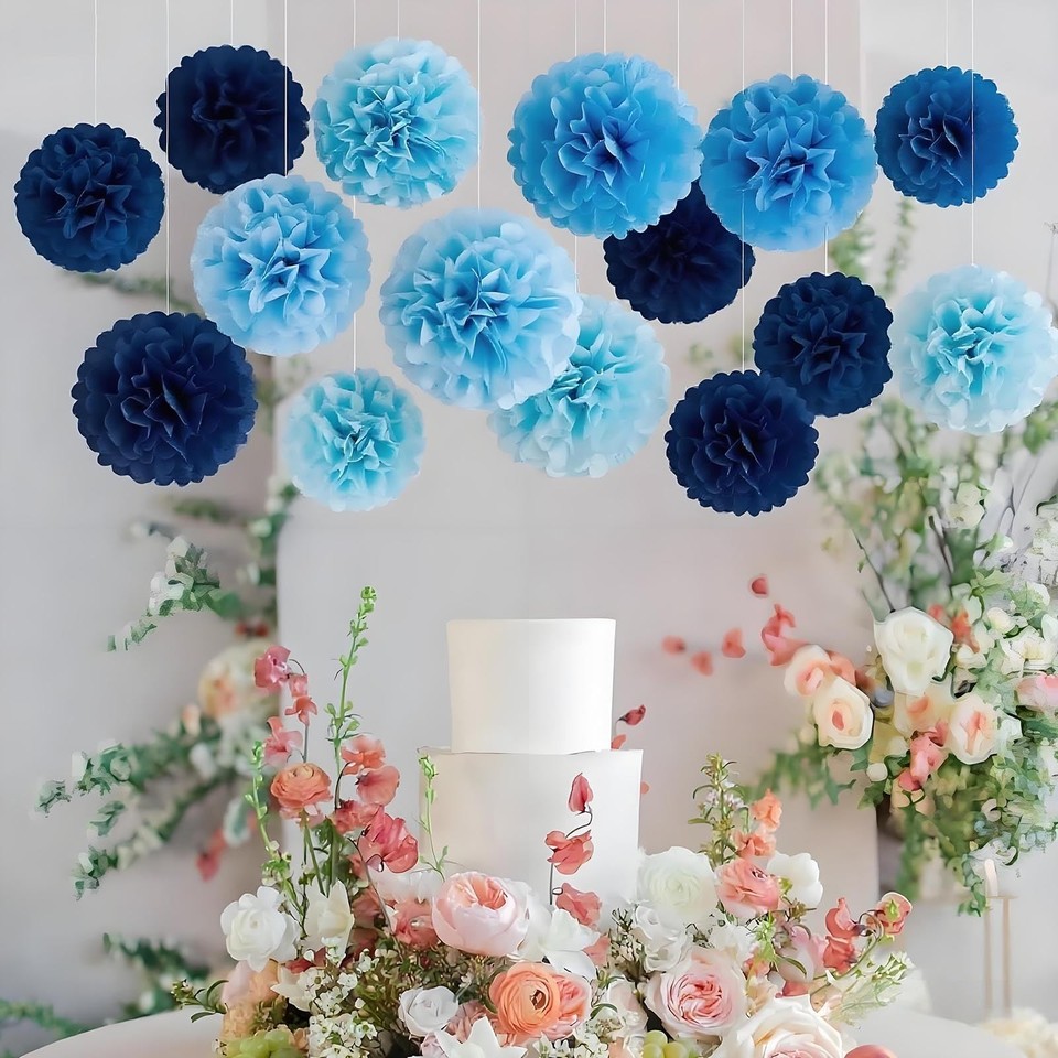 12 pc Blue Tissue Paper Pom poms in 3 Colors-Hanging Paper Pom Poms Paper Flo... | eBay