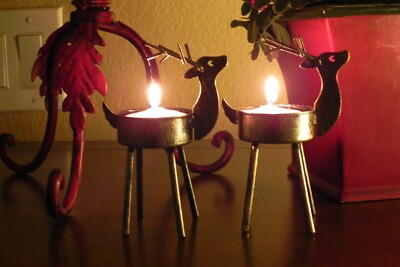 Metal Reindeer Tea Light Candle Holder Rustic Holiday Christmas Table ...