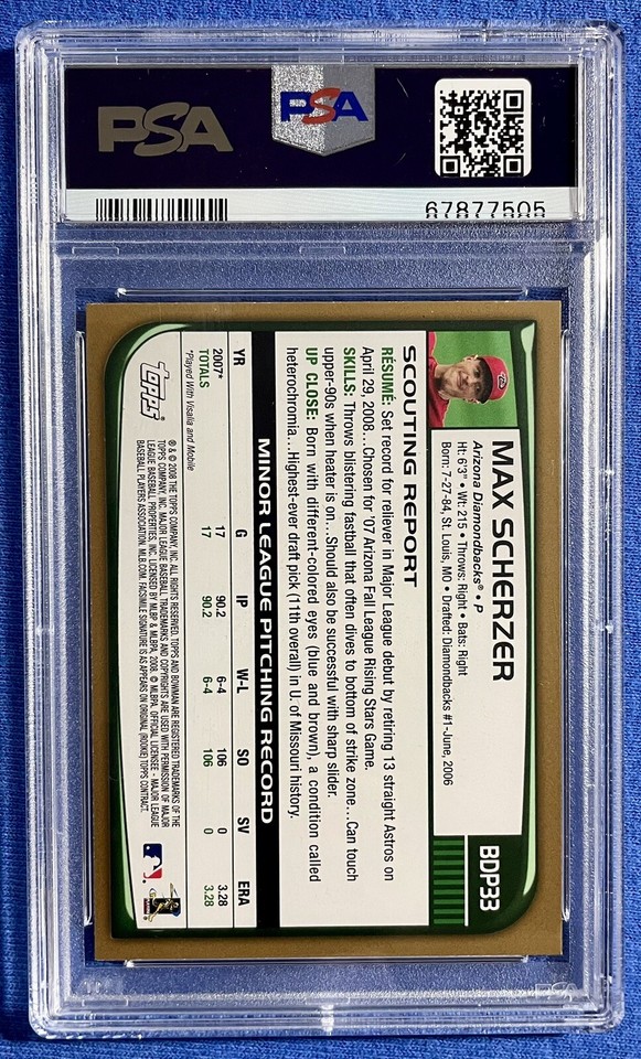 2008 Bowman Draft Picks - GOLD MAX SCHERZER #BDP33 ROOKIE Card PSA 9 ...