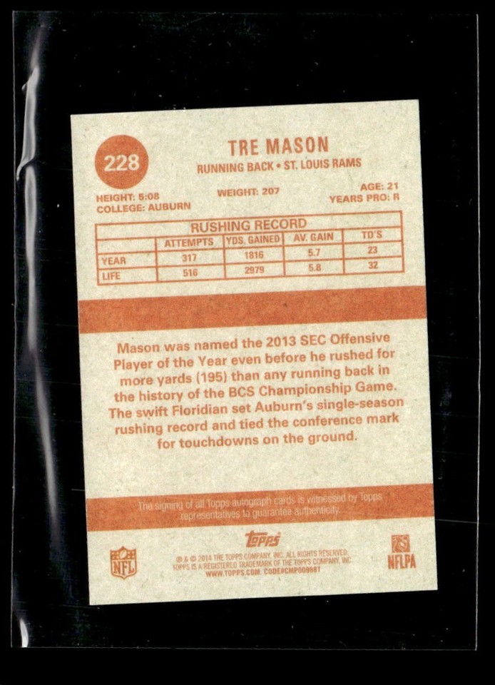 2014 Topps #228 Tre Mason 1963 Mini Autographs #/150 Card 3302A | eBay