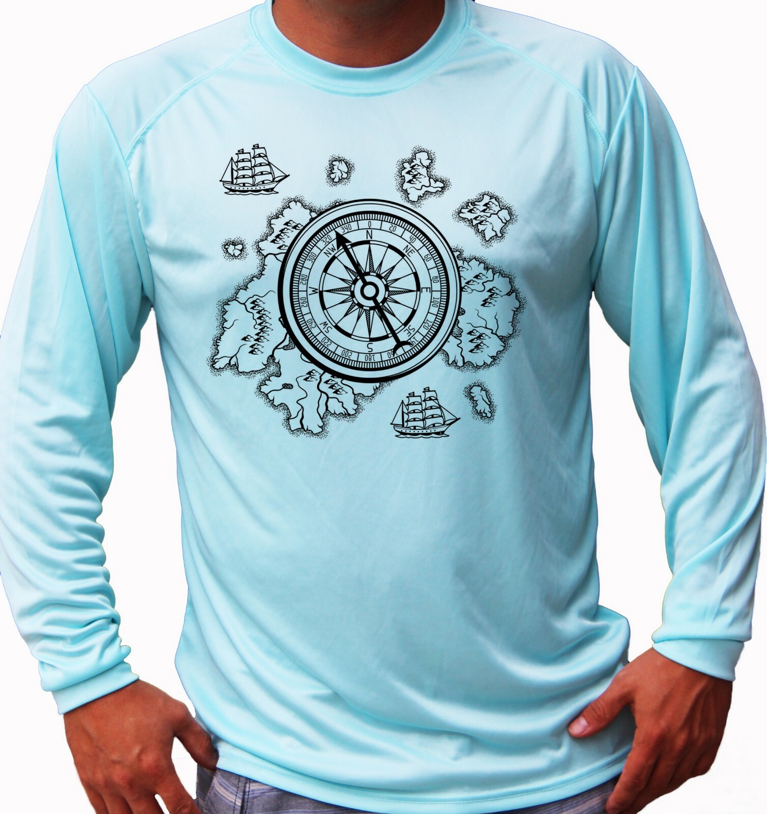 Old Nautical Map Compass Long Sleeve UPF 30 T-Shirt Fishing Boat UV ...