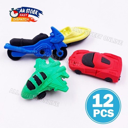12x Vehicles Mini Eraser Rubbers Party Kids Eraser School Favours Treat ...