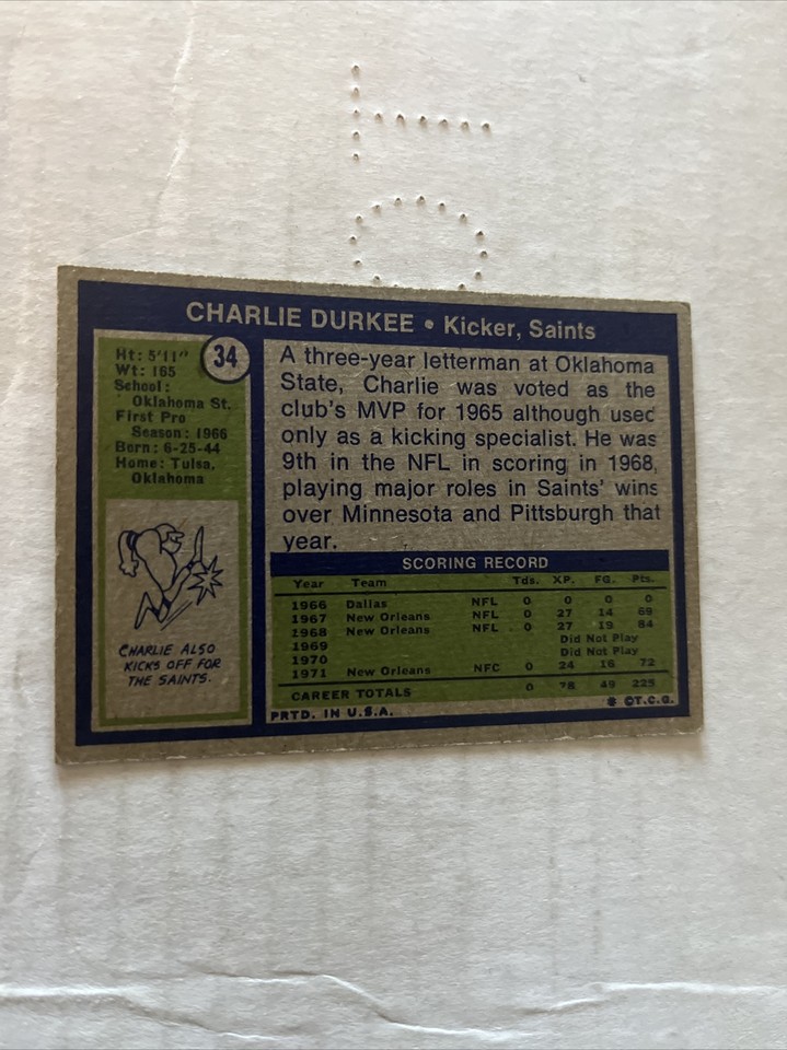 1972 Charlie Durkee New Orleans Saints Topps Football Card #34 | eBay