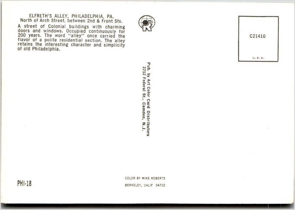 Elfreth's Alley Philadelphia Postcard Art Color Card Camden NJ Colonial ...