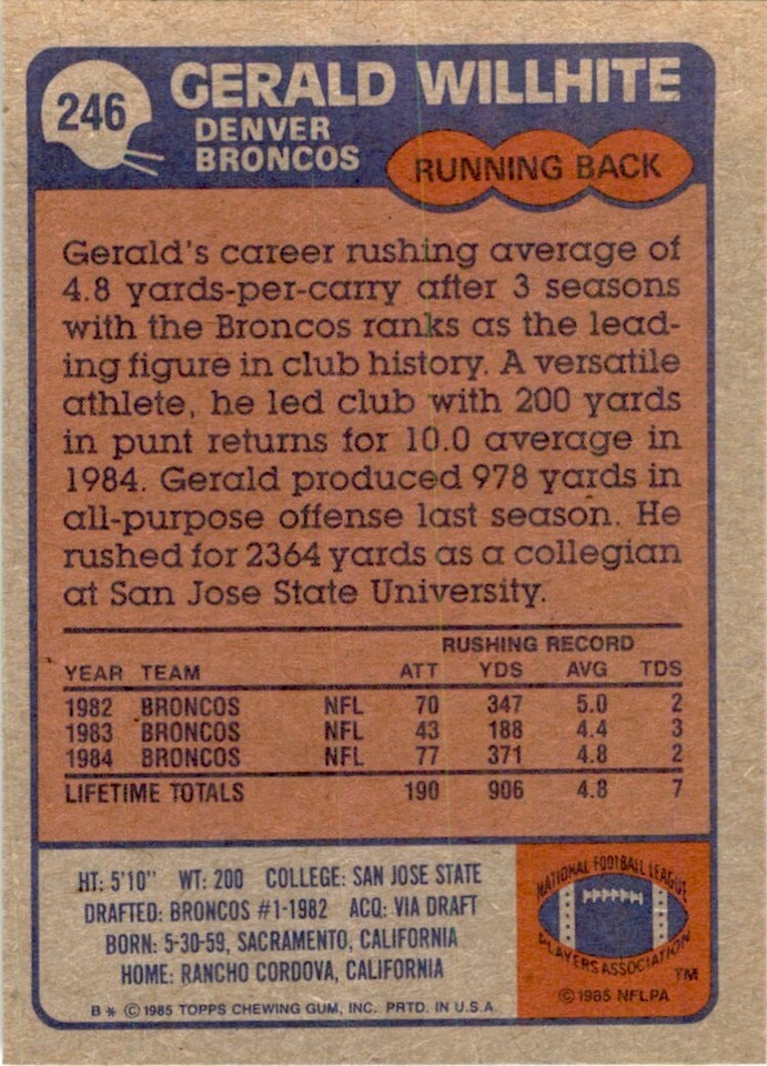 1985 TOPPS; GERALD WILLHITE DENVER BRONCOS #246 | eBay