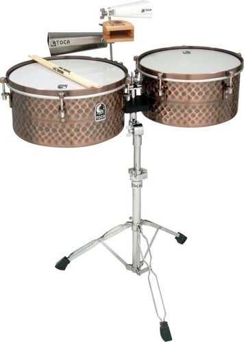 Toca ProLine Hammered Black Copper Timbales Drums Set w/ Stand 14" & 15 ...