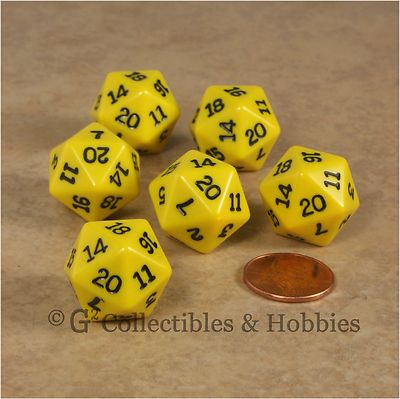 NEW Set of 6 Yellow with Black Numbers D20 Dice Twenty Sided RPG D&D ...