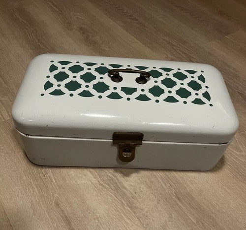 Antique GERMAN Teal & White Enamel Metal Bread Box Brass Finishings ...