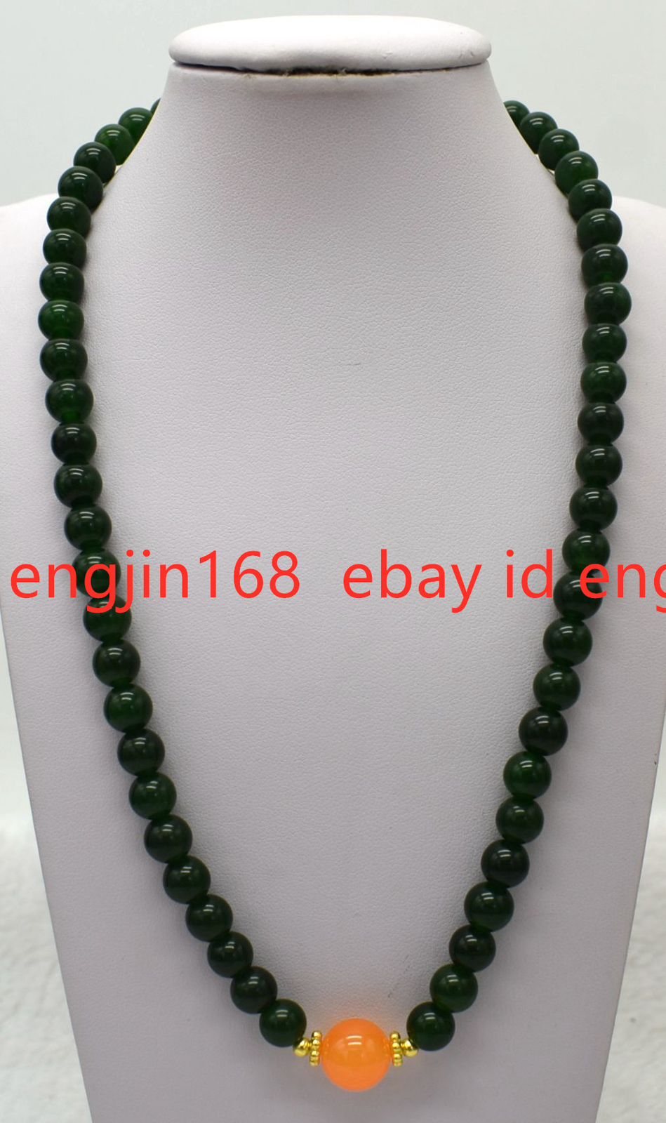 Natural 8mm Genuine Green Jade Round Gemsone &Orange Jade Necklace 18 ...