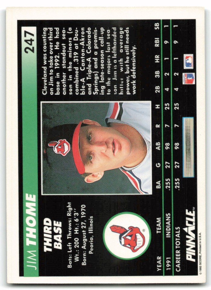 1992 Pinnacle #247 Jim Thome RP, RC Cleveland Indians 2C | eBay