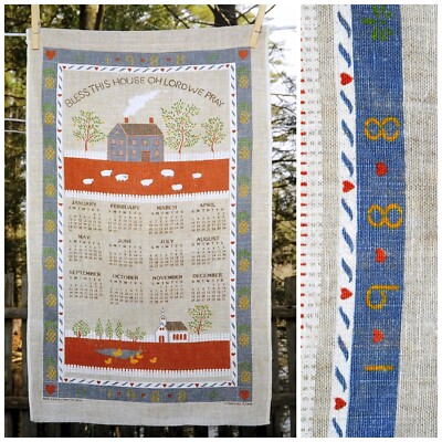VTG 1988 Bless This House Prayer Calendar Towel Taupe Linen Birthday ...