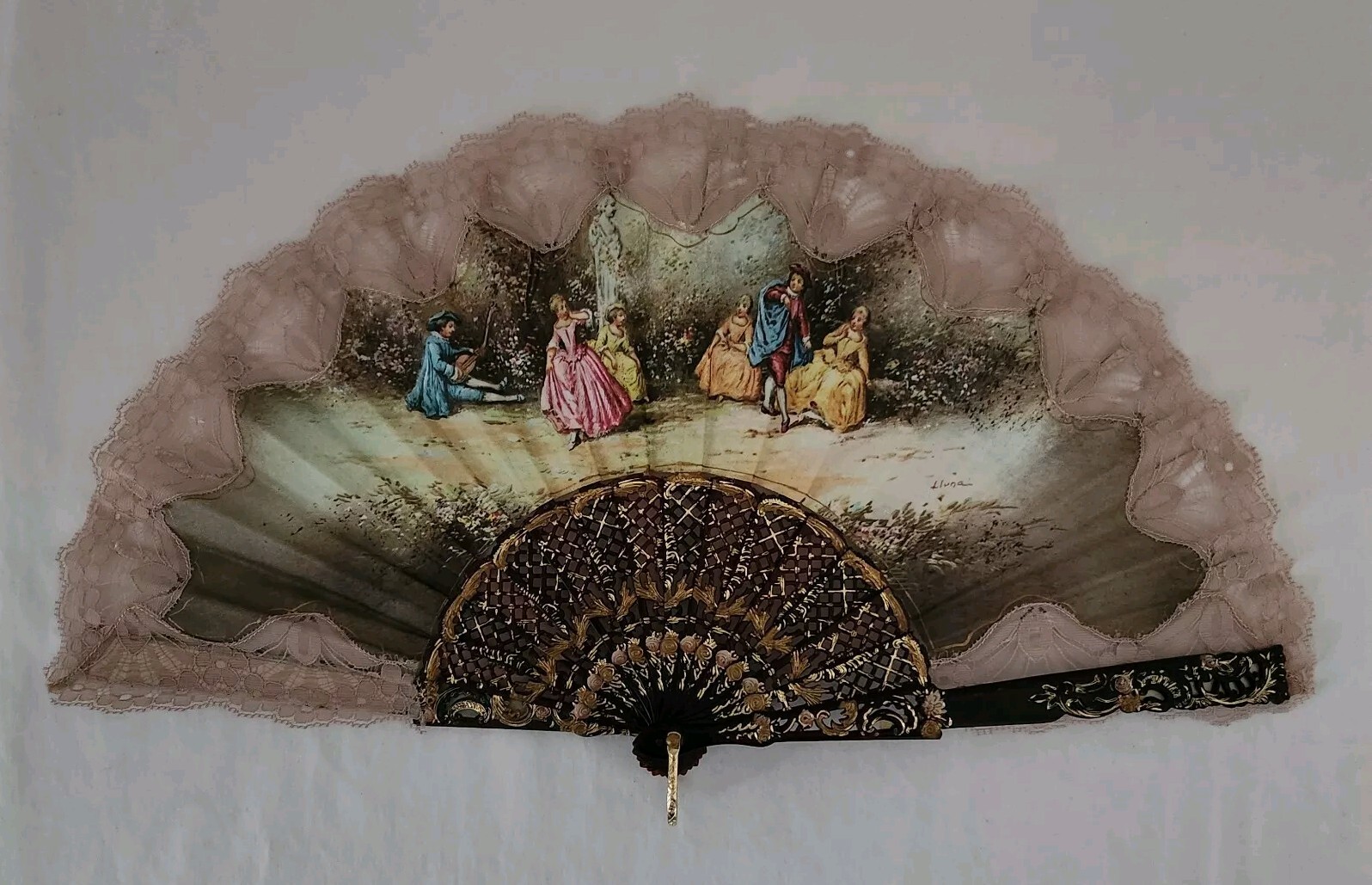 Victorian Scene Vintage Folding Hand Fan - Fabric Lac… - Gem