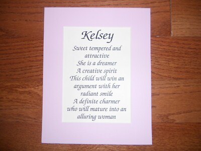 "KELSEY" Personalized Name Meaning Gift Nursery Decor Keepsake Pink Mat ...