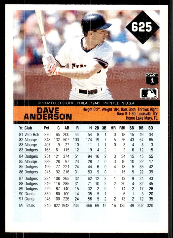 1992 Fleer Baseball Card Dave Anderson San Francisco Giants #625 | eBay
