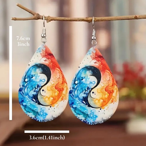 Creative Yin Yang Tai Chi Pattern Water Drop Shaped Wooden Earrings ...