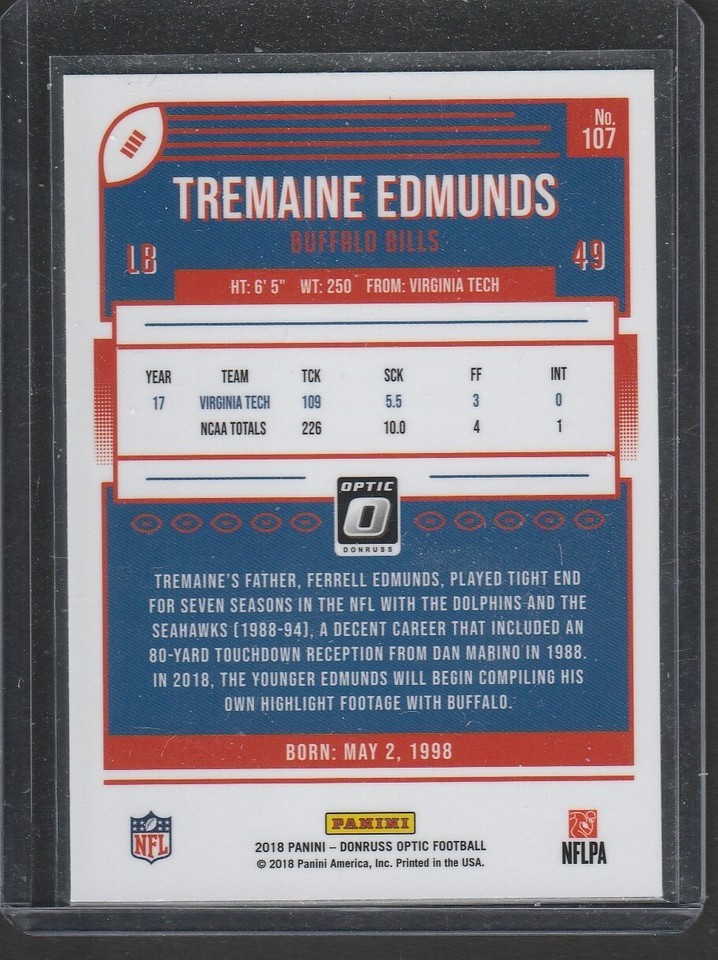 2018 Panini-Donruss Optic RC Tremaine Edmunds Bears Card N0-107 | eBay