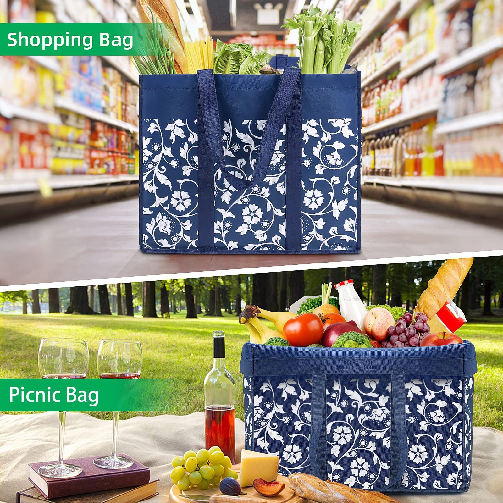 Reusable Grocery Bags Foldable Tote Bags Bulk With Reinforced Handles ...