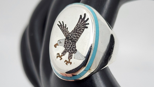 Signed Native American Eagle Inlay Sterling Silver Ring Size 10.5 | eBay