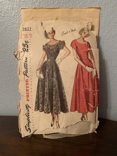 VTG 25c Simplicity printed pattern number 2832 size 16 bust 34 1950's ...