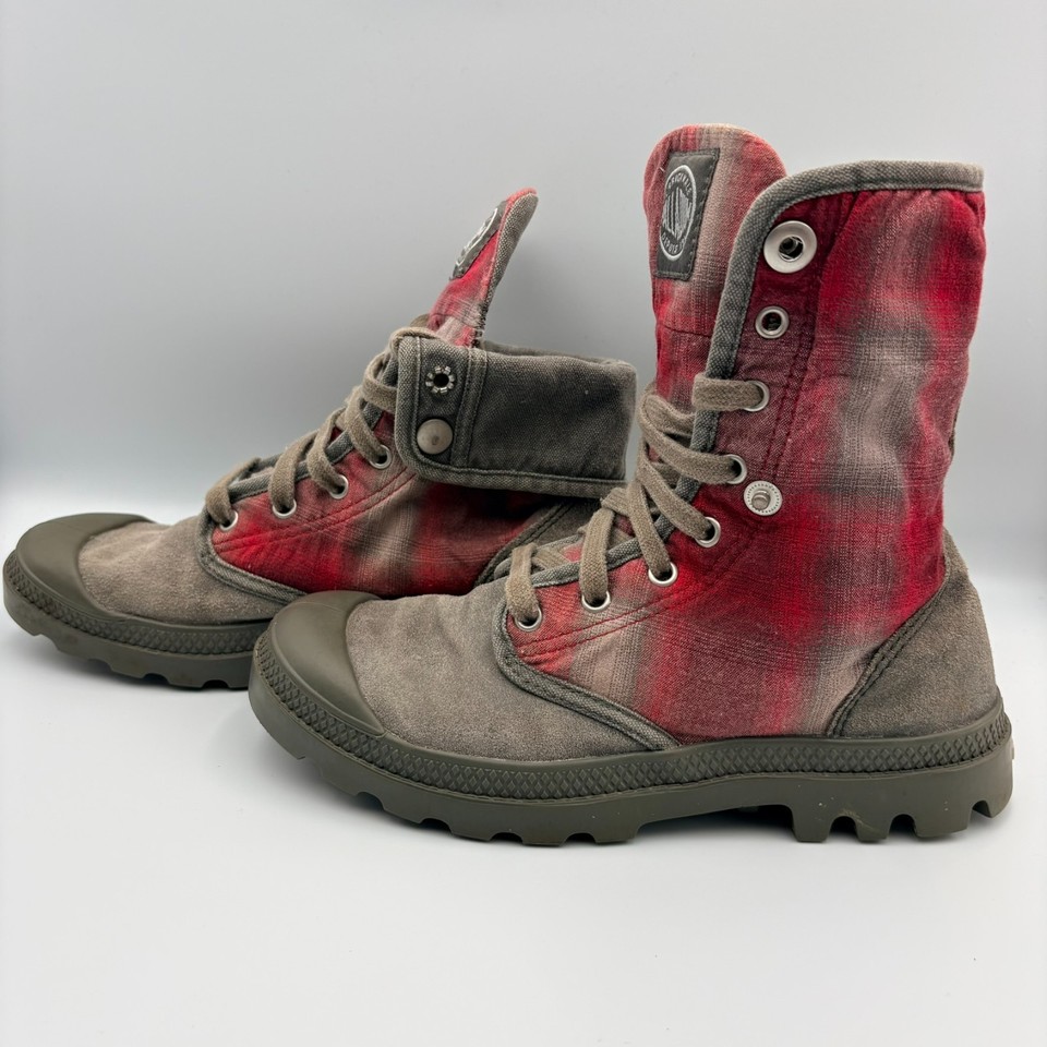 Palladium Baggy Military Women's Size Canvas Gray Olive Red Plaid Boots ...